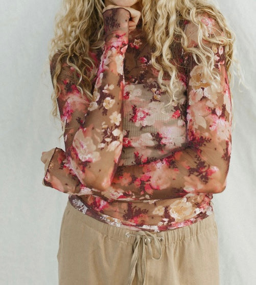 Floral Print Sheer Mesh Long Sleeve Top – Lovebug Boutique