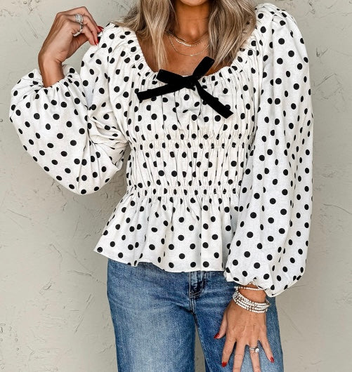 Polka Dot Puff Sleeve Bow Square Neck Peplum Top – Lovebug Boutique