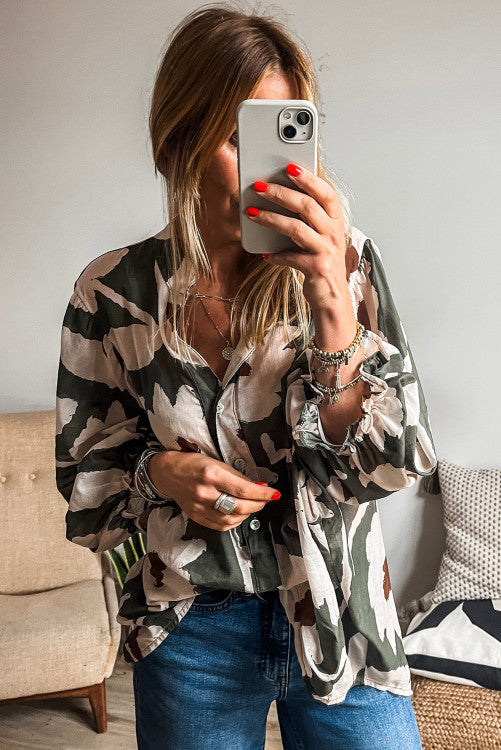 Abstract Floral Print Puff Sleeve Half Button Blouse – Lovebug Boutique