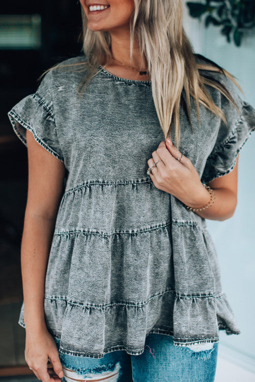 Gray Flutter Sleeve Tiered Denim Top – Lovebug Boutique